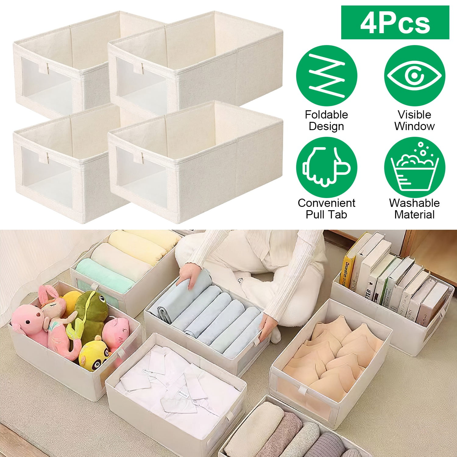 4Pcs Foldable Linen Clothing Storage Basket Multipurpose Collapsible ...