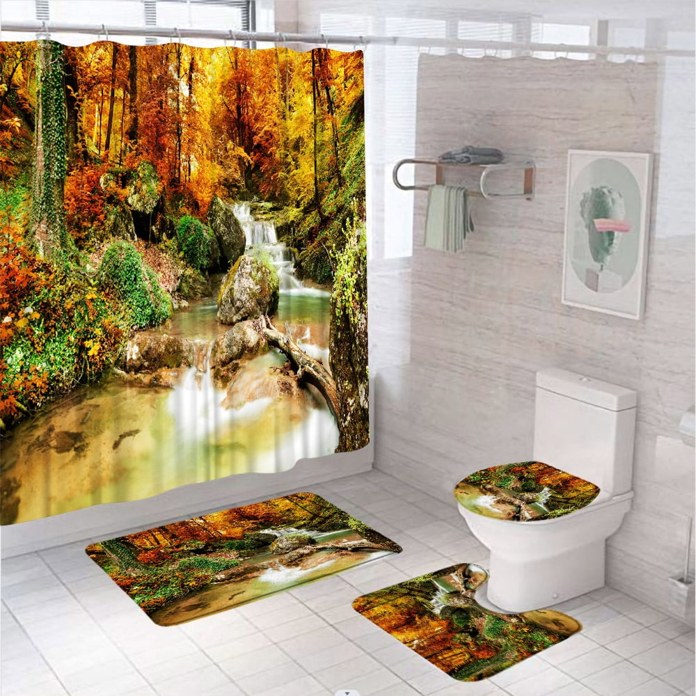 4Pcs Forest Waterfall Shower Curtain Sets Summer Dreamy Lotus Flower ...