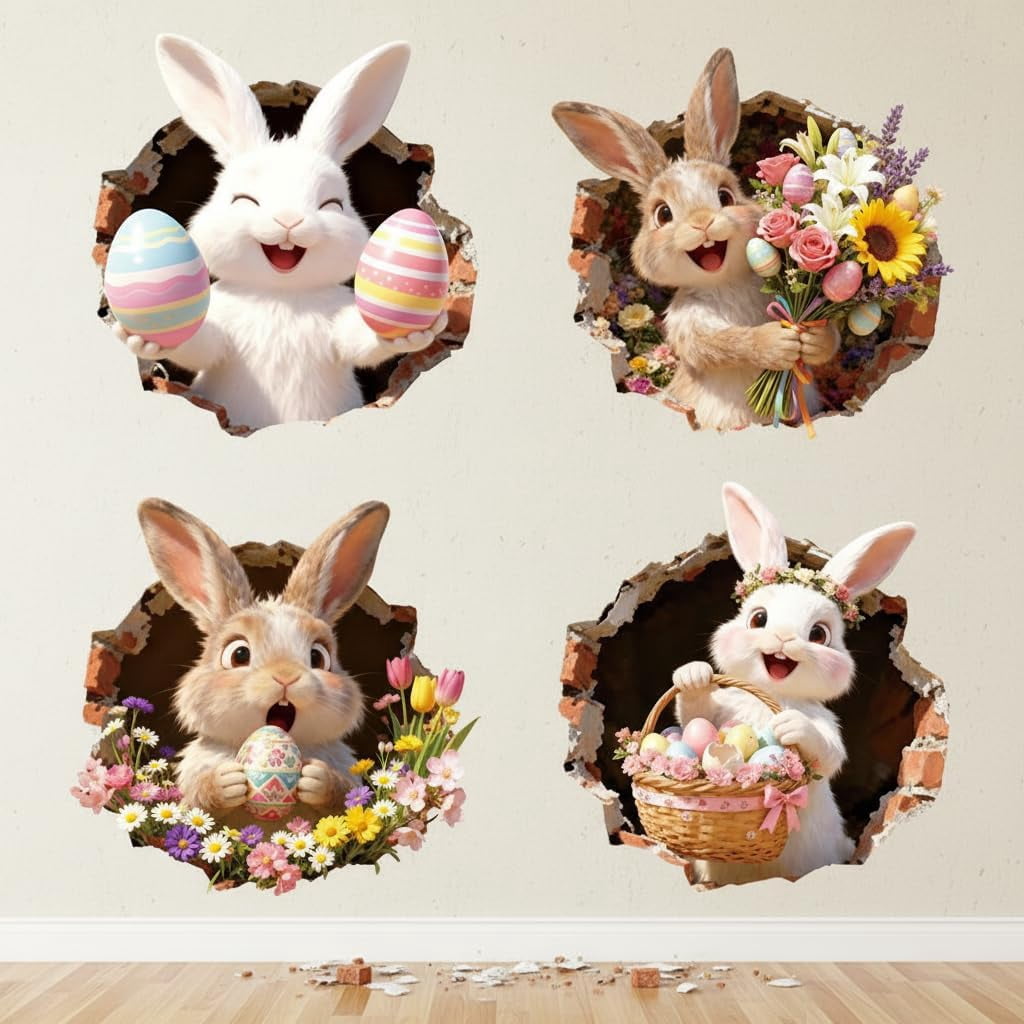 4Pcs Fun Easter Wall Sticker - 3D Ripped Bunny Breaking Through Wall ...