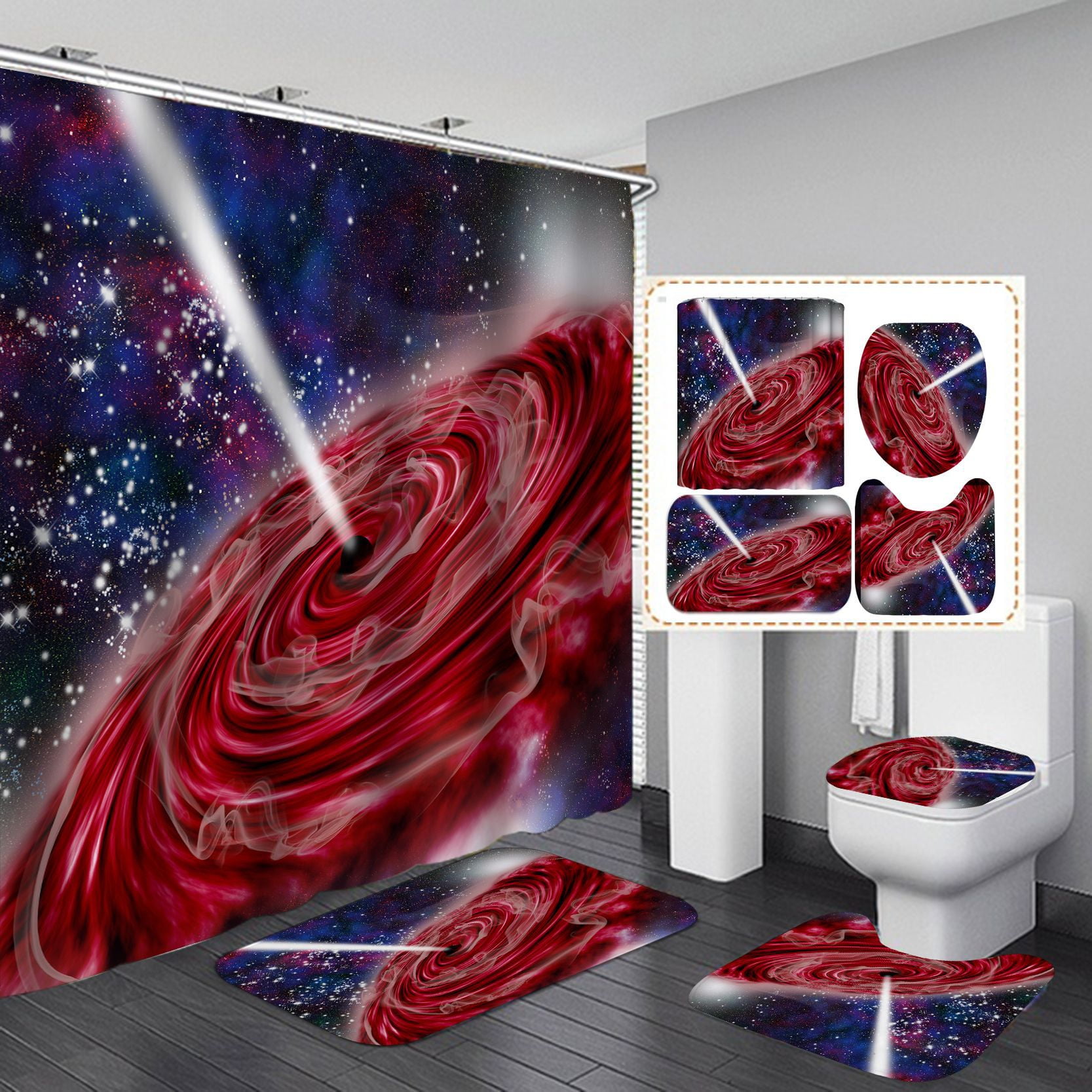 4Pcs Galaxy Planet Shower Curtain Set Nebula Black Hole Starry Sky ...