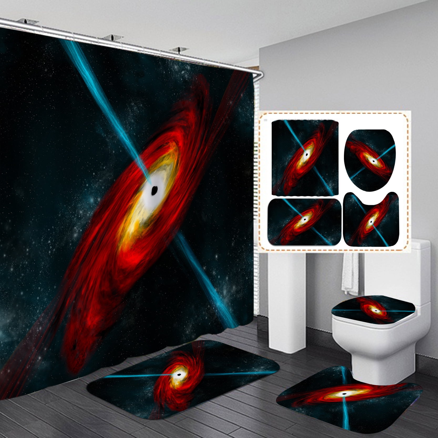 4Pcs Galaxy Planet Shower Curtain Set Nebula Black Hole Starry Sky ...
