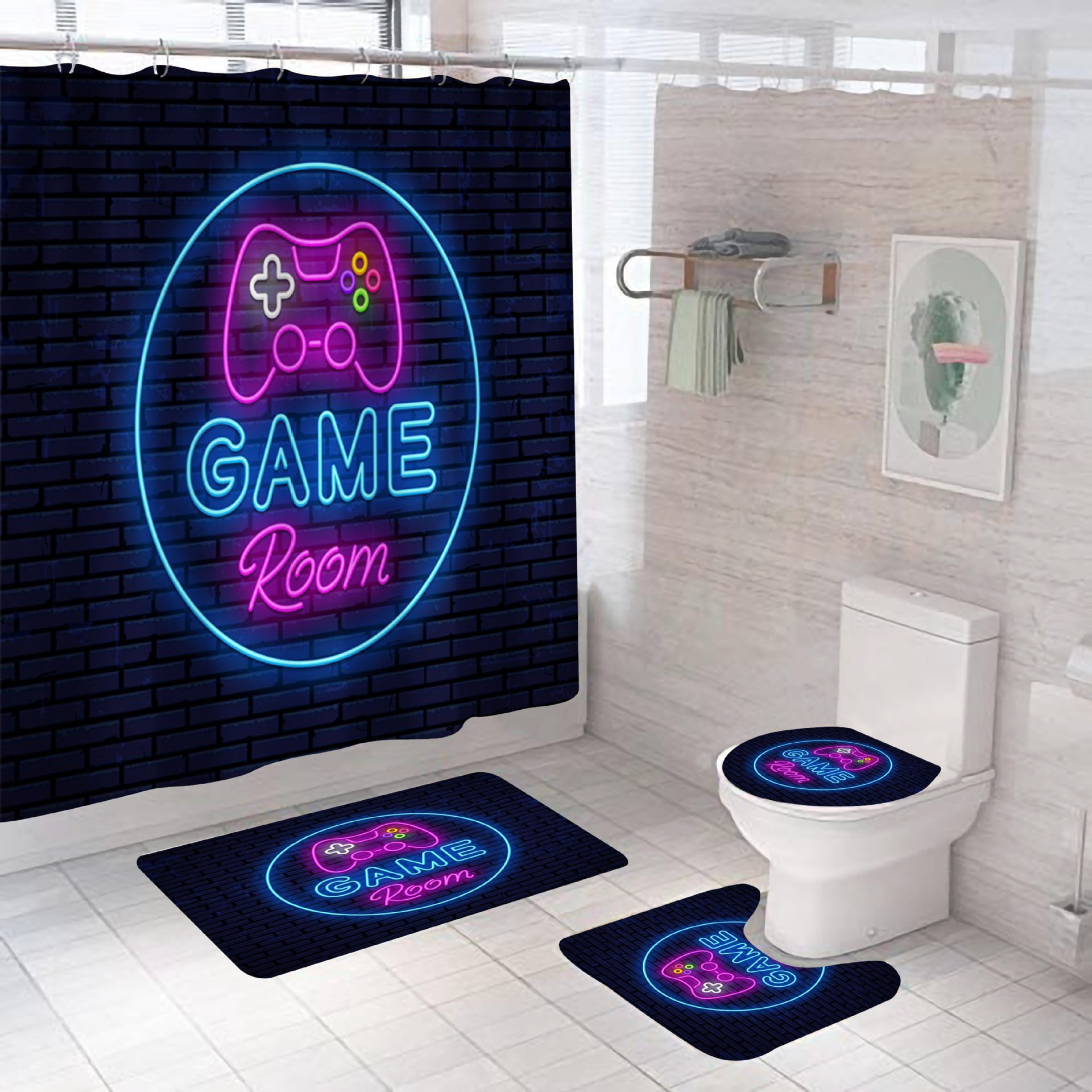 4Pcs Gamer Boys Girls Bathroom Set with Shower Curtain and Rugs ...