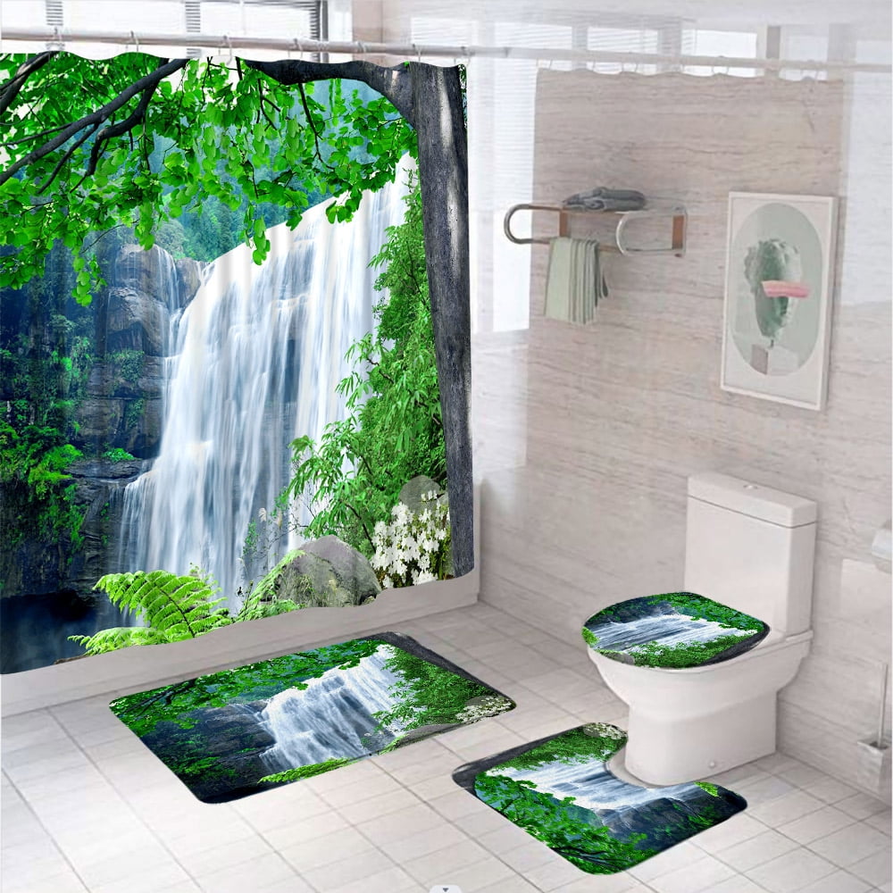 4Pcs Garden Waterfall Shower Curtain Sets Natural Scenery Green Plant ...
