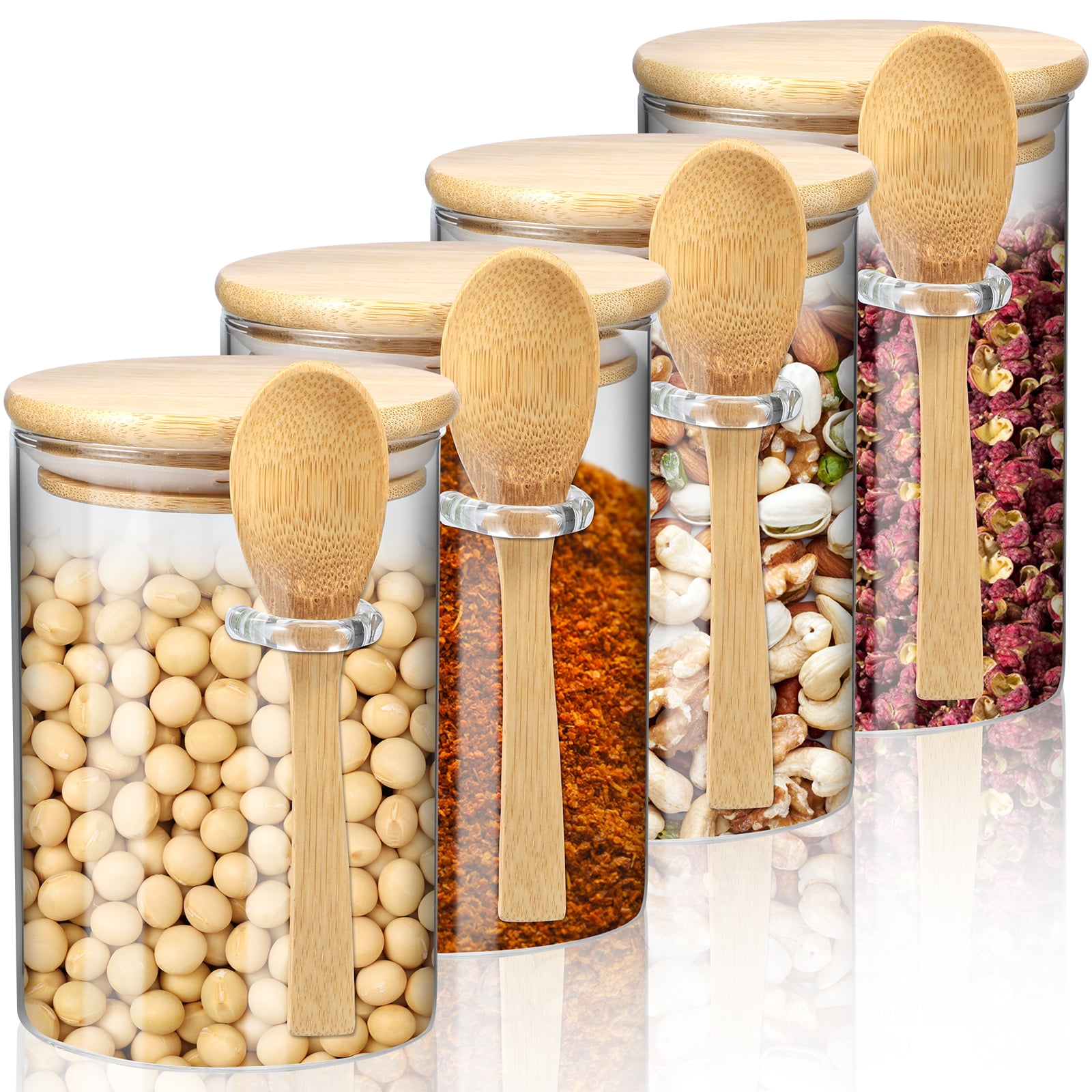 4Pcs Glass Jars with Bamboo Lids and Spoons 600ML Airtight Spice Jars ...