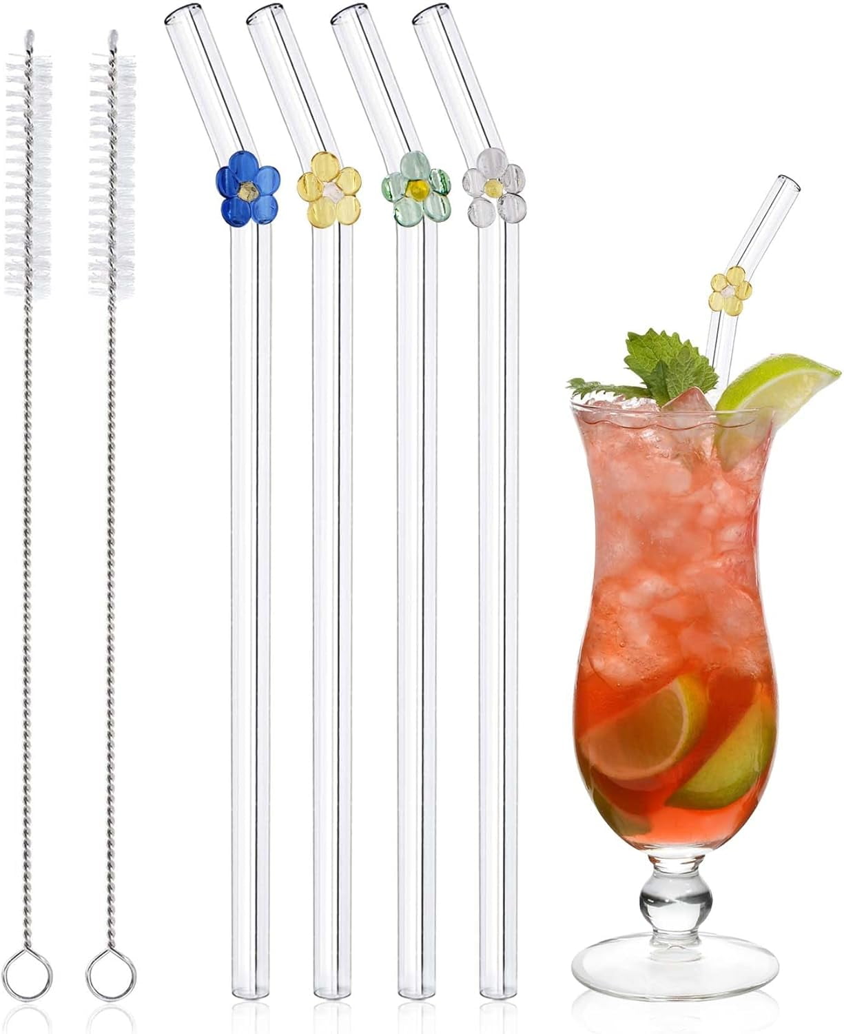 4Pcs Glass Straws with Charms, Reusable Clear Drinking Straws with Flower, Cute Colorful Glass ...