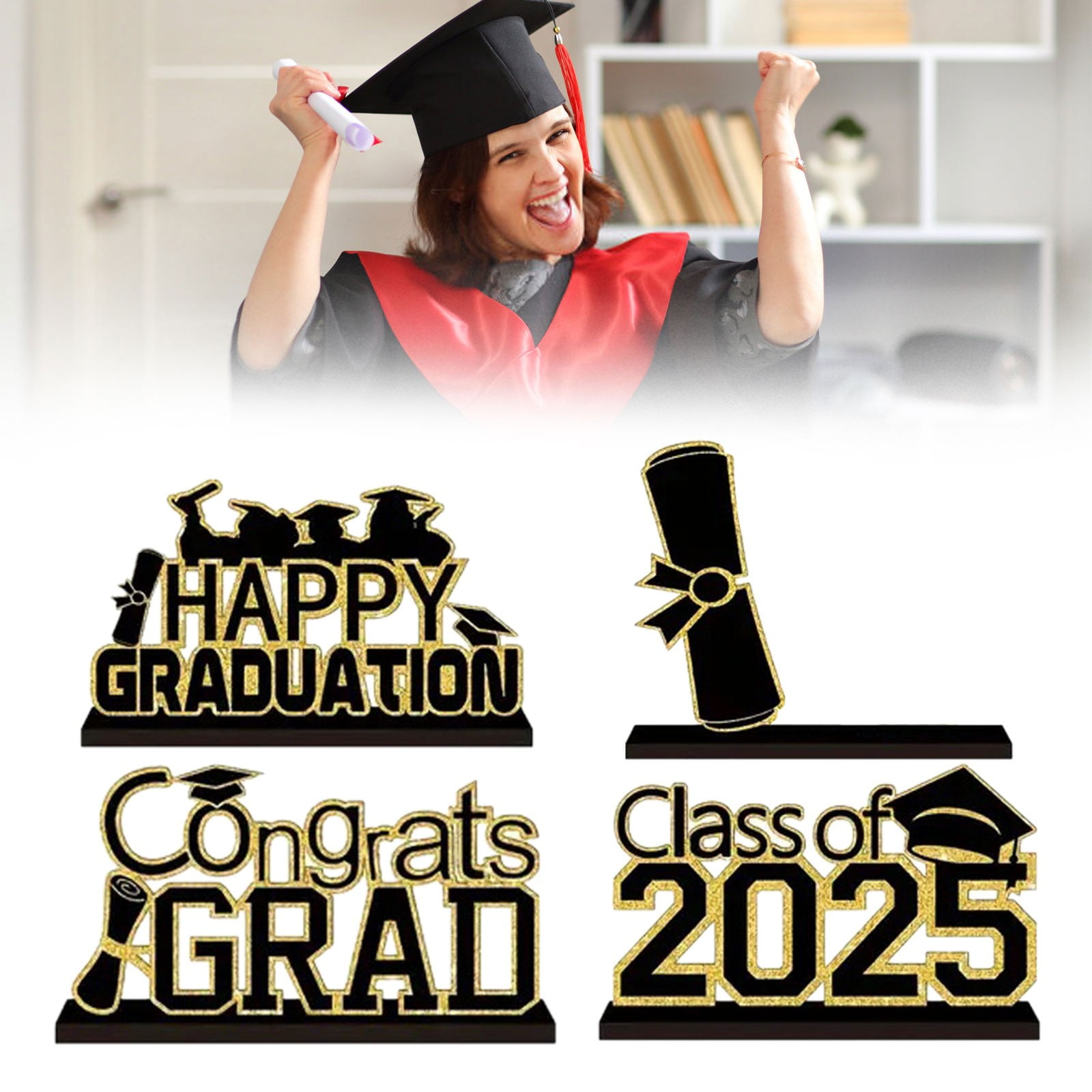 4Pcs And Gold Graduation Decorations Class Of 2025 Congrats Grad Wooden ...