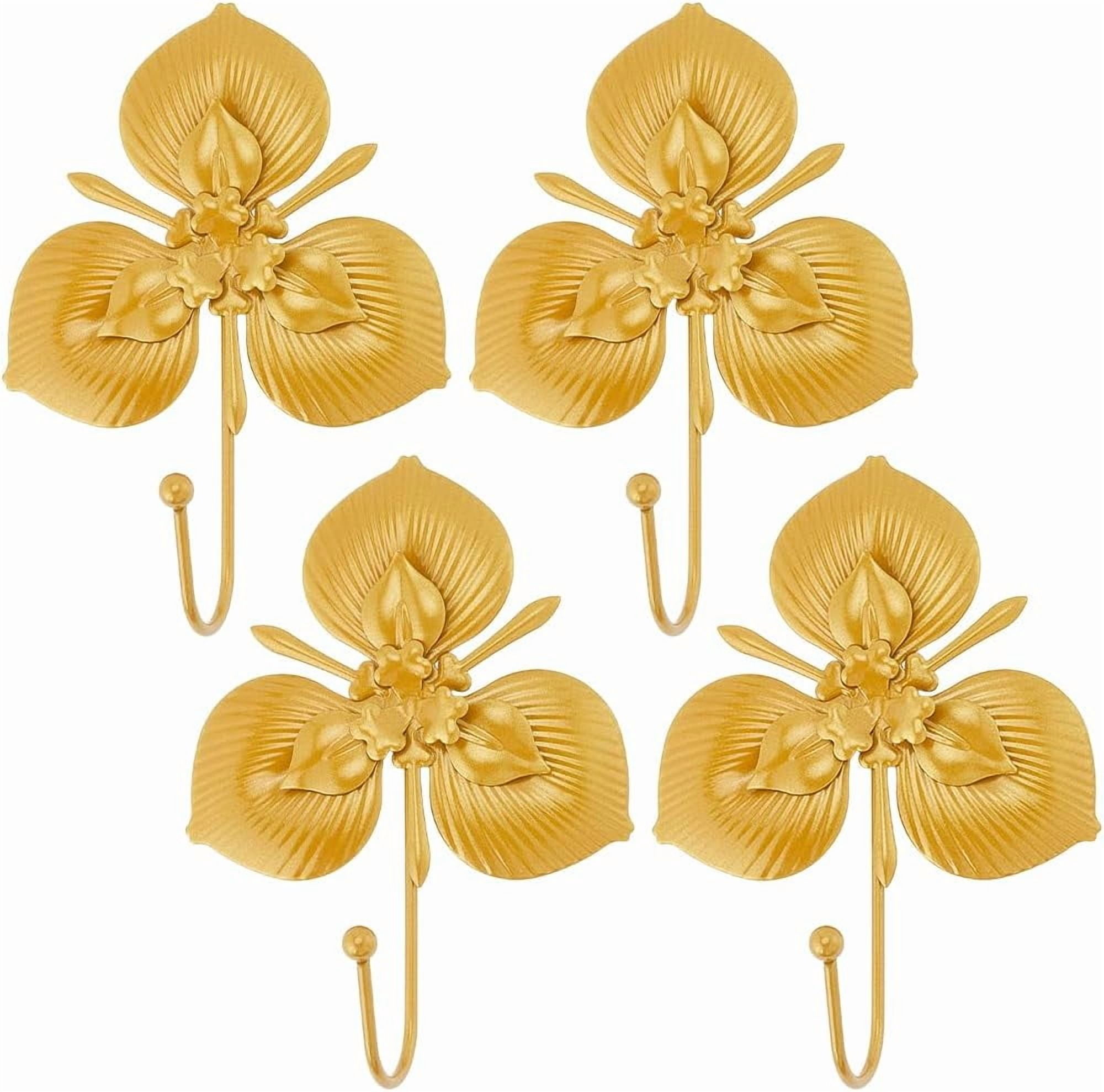 4Pcs Golden Single Hooks 3D Flower Heavy Duty Room Wall Mounted Metal ...