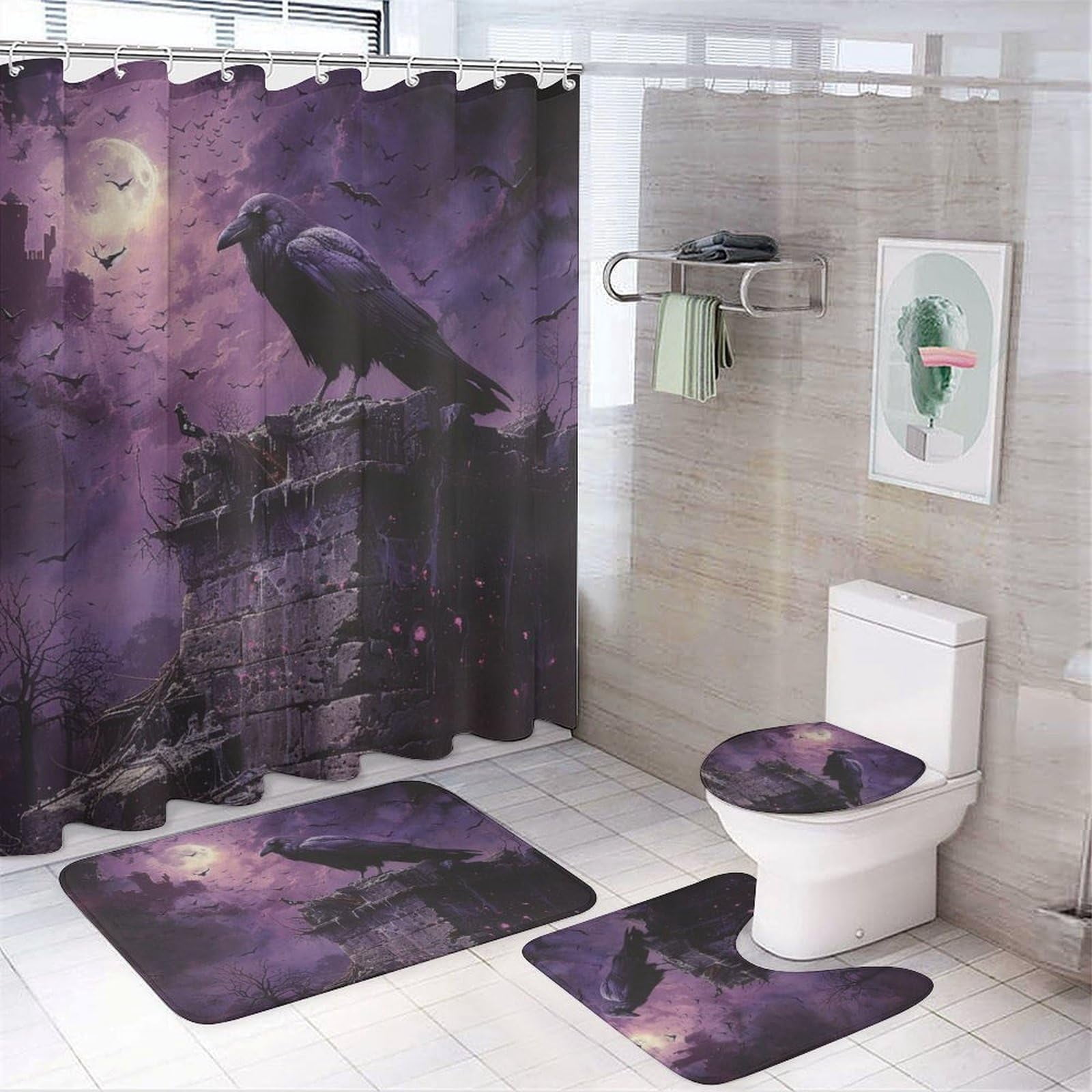 4Pcs Gothic Black Raven Shower Curtain Set with Toilet Lid Cover Non ...