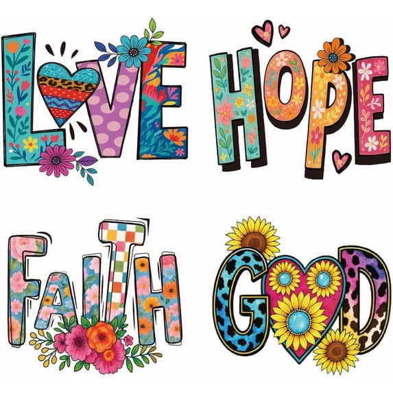 4Pcs Graffiti Text Heat Transfer Stickers Love Hope Faith God Iron on ...