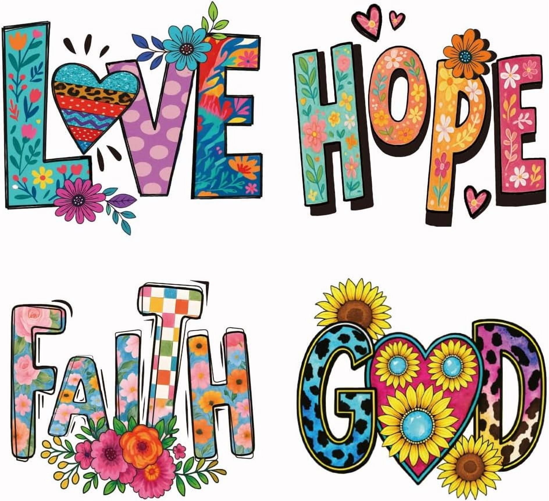 4Pcs Graffiti Text Heat Transfer Stickers Love Hope Faith God Iron on ...