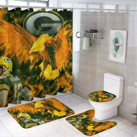 4Pcs Green_Bay Shower Curtain Set Football Fans Bathroom Decoration,with Sports Style Rug,Toilet ...