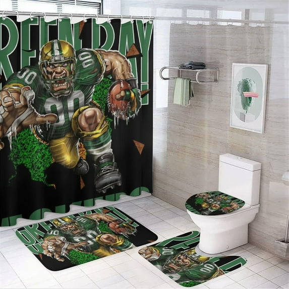 4Pcs Green_Bay Shower Curtain Set Football Fans Bathroom Decoration,with Sports Style Rug,Toilet ...