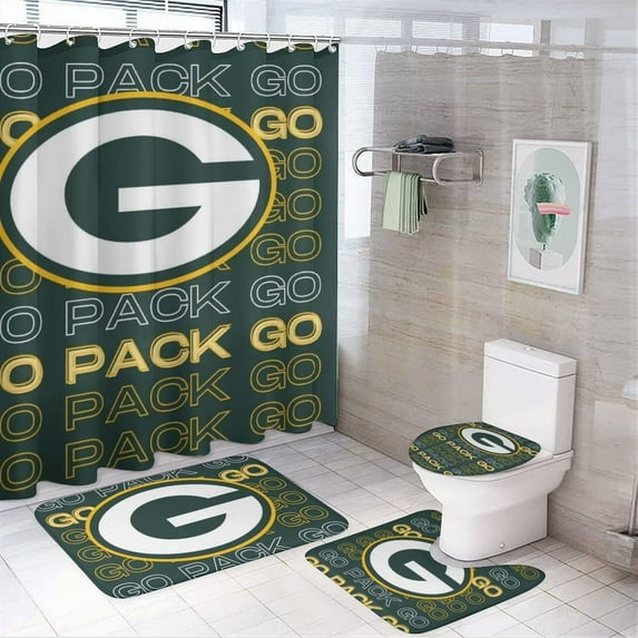 4Pcs Green_Bay Shower Curtain Set Football Fans Bathroom Decoration,with Sports Style Rug,Toilet ...