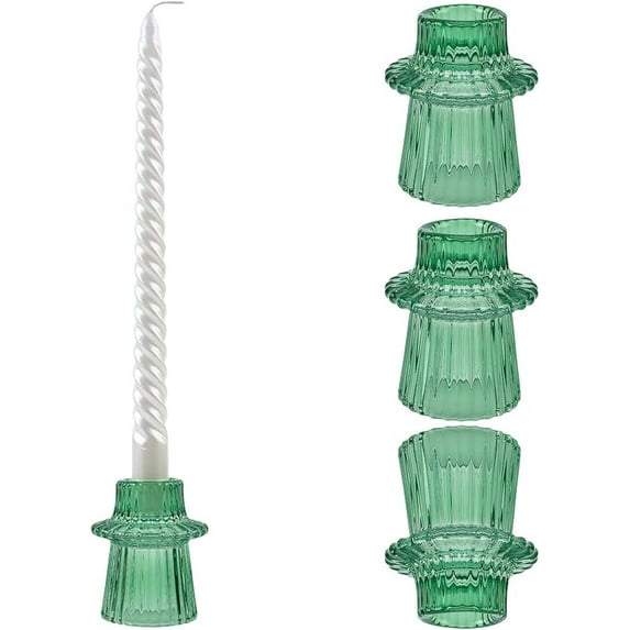 4Pcs Green Glass Candle Holders Vintage Ribbed Taper Tealight Stick ...