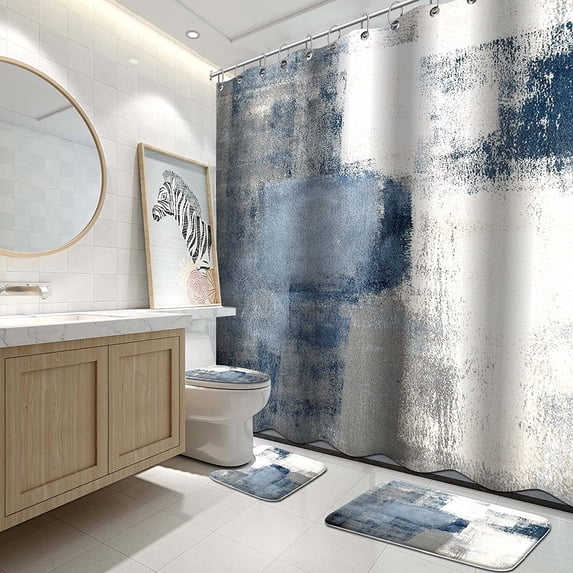 4Pcs Grey Bathroom Shower Curtain Sets with Rugs, Blue and Grey ...