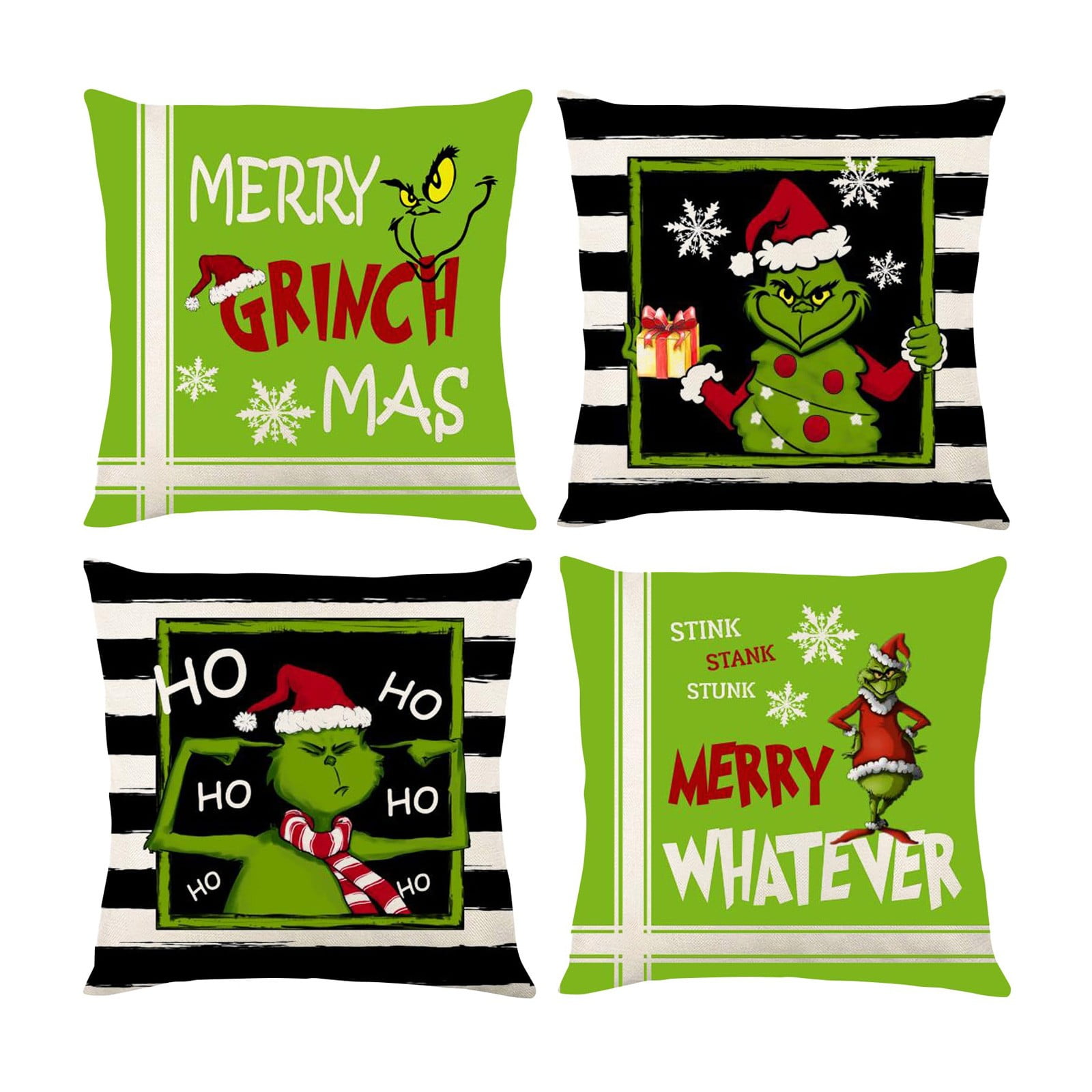 4Pcs Grinch Christmas Throw Pillow Covers, 18 X 18 Inch, Winter Holiday ...