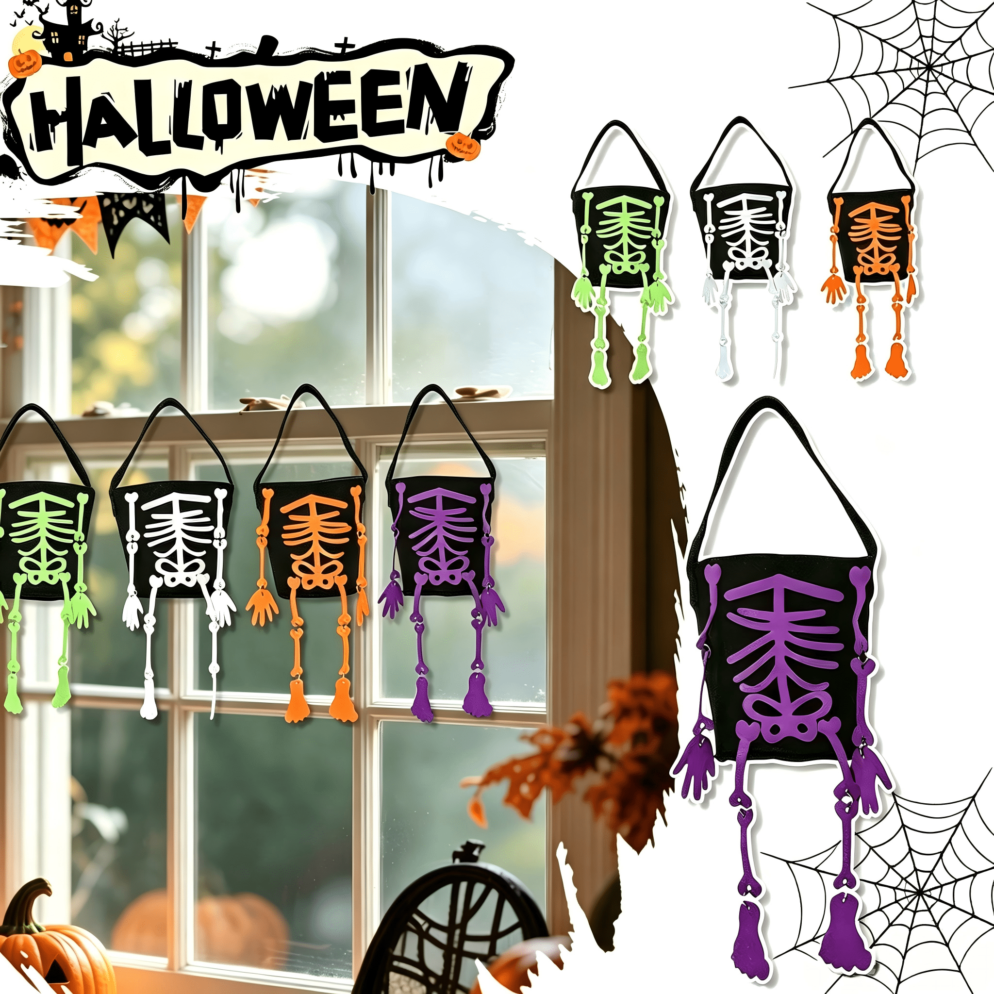 4Pcs Halloween Skeleton Candy Bags, Trick or Treat Buckets Felt Hanging ...