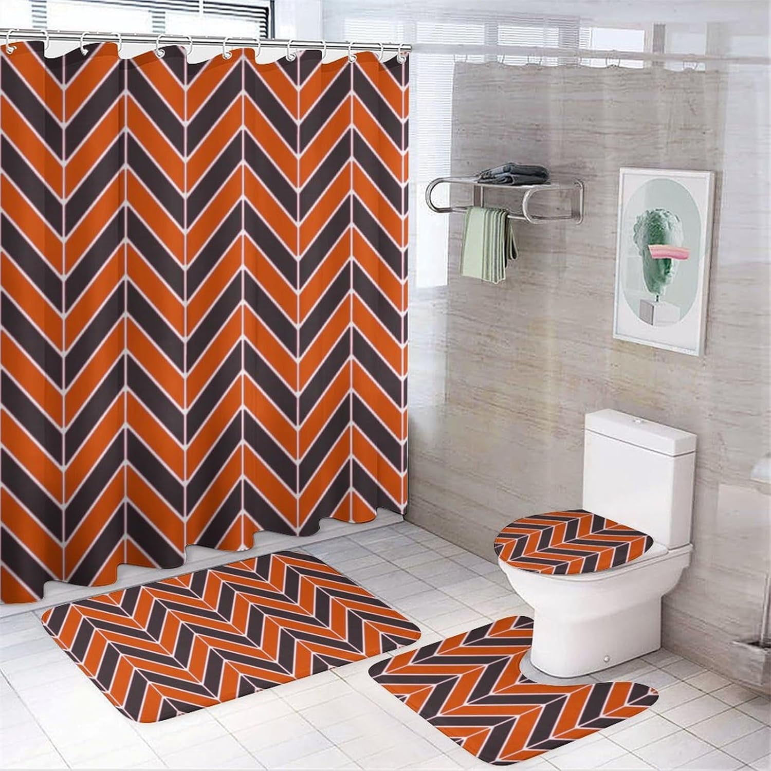 4Pcs Herringbone Pattern Orange and Navy Shower Curtain Sets, Bathroom ...