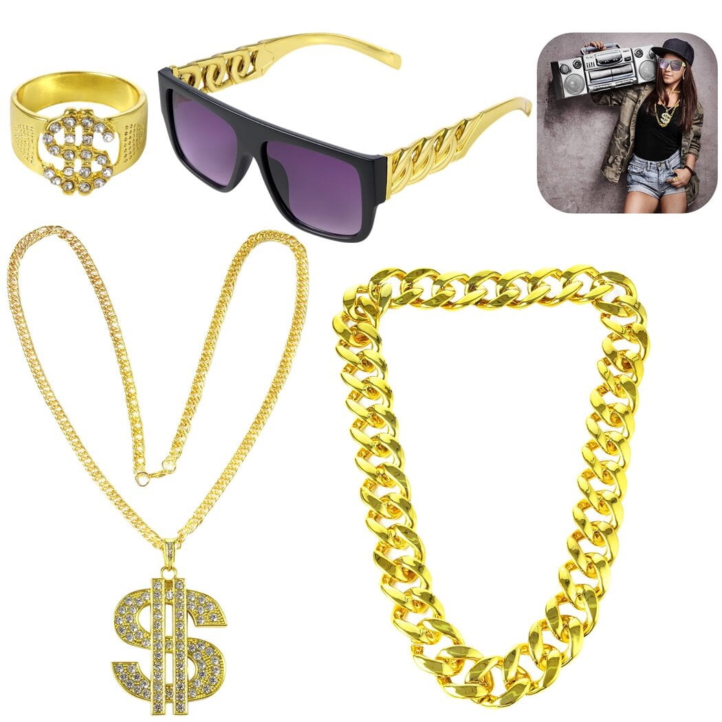 4Pcs Hip Hop Outfit Kit, 80s 90s Outfit Set with Fake Golden Chain ...