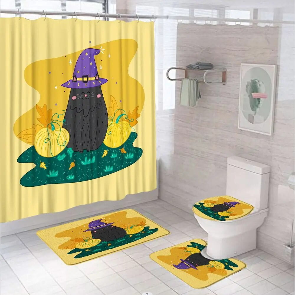 4pcs Horror Halloween Crow Cemetery Bathroom Shower Curtains Set Bat