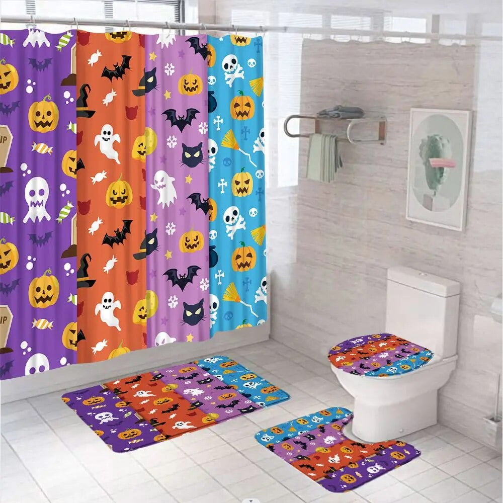 4pcs Horror Halloween Crow Cemetery Bathroom Shower Curtains Set Bat