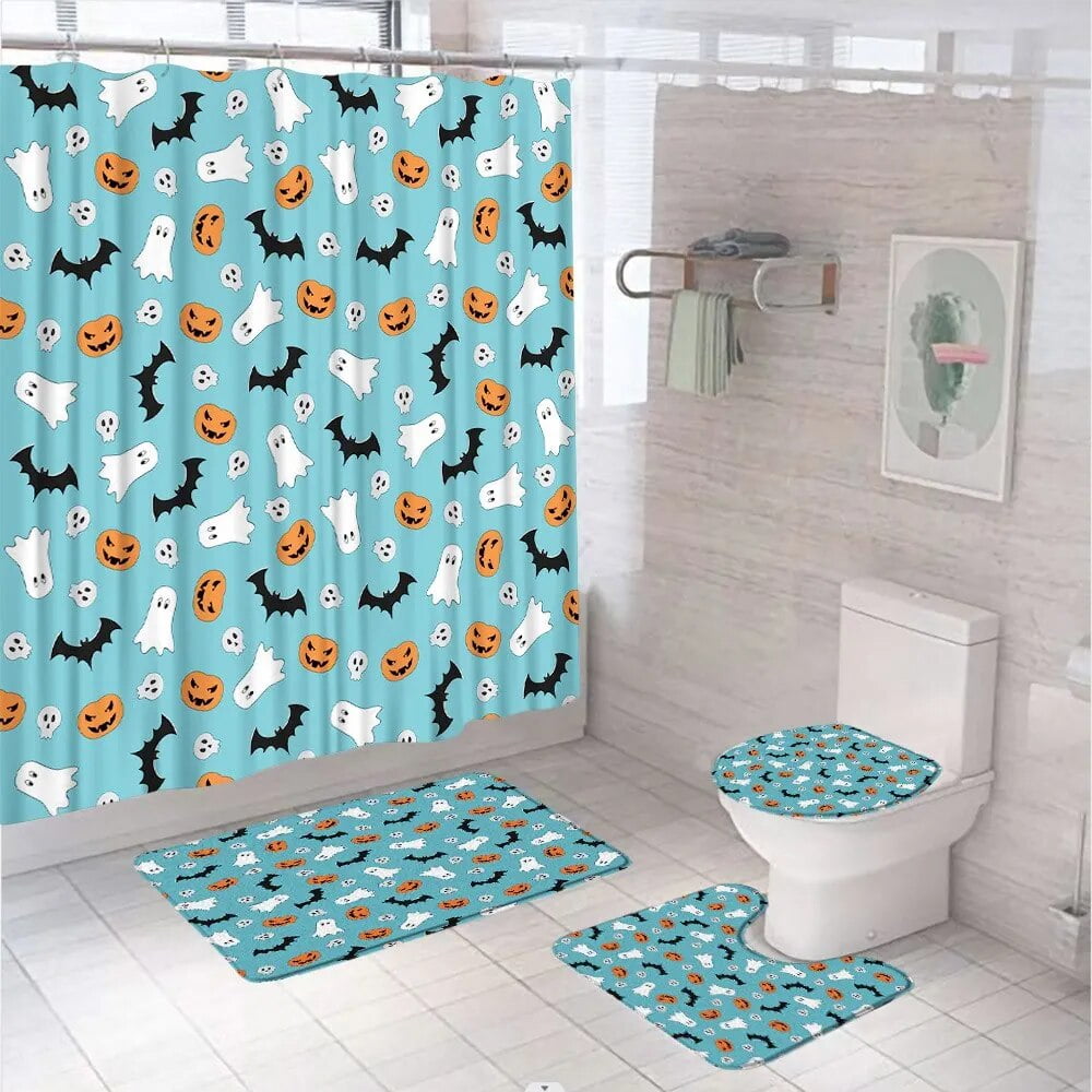 4pcs Horror Halloween Crow Cemetery Bathroom Shower Curtains Set Bat