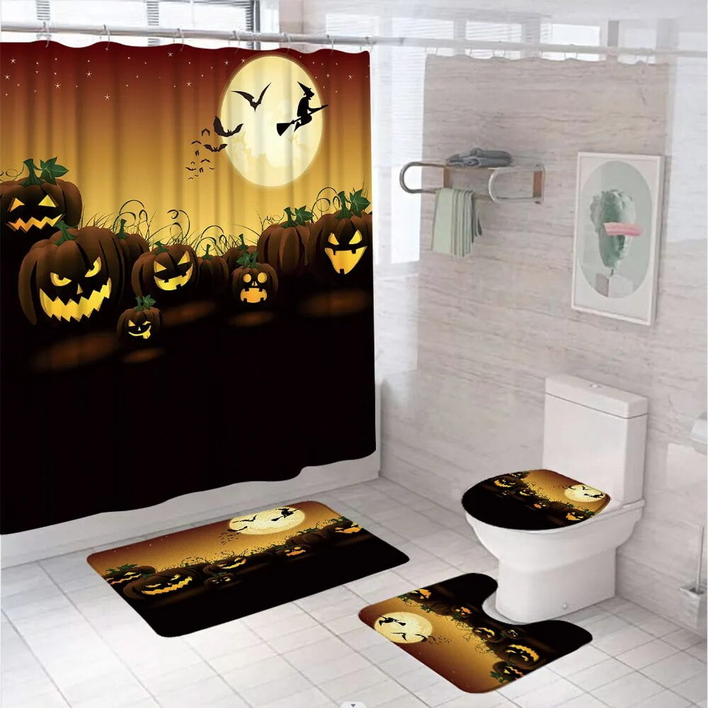 4pcs Horror Halloween Crow Cemetery Bathroom Shower Curtains Set Bat