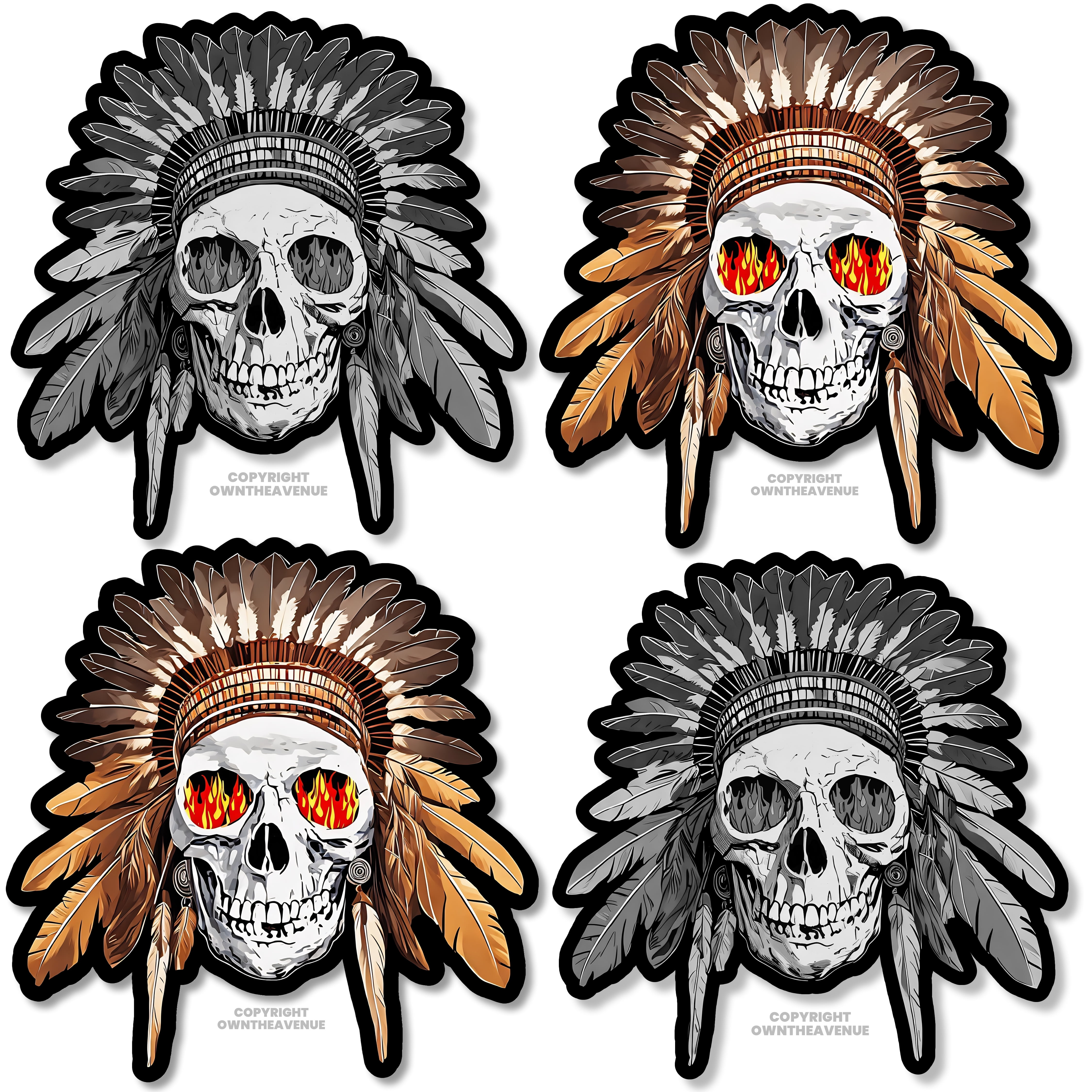 4Pcs - Indian Chief Skull Flames Laptop Bumper Auto Vinyl Sticker ...