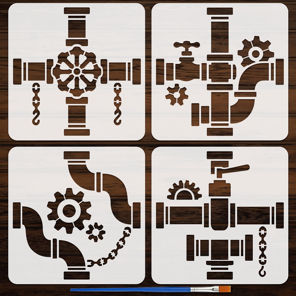 4Pcs Industrial Pipes Gears Painting Stencil with Brush 11.8x11.8inch ...
