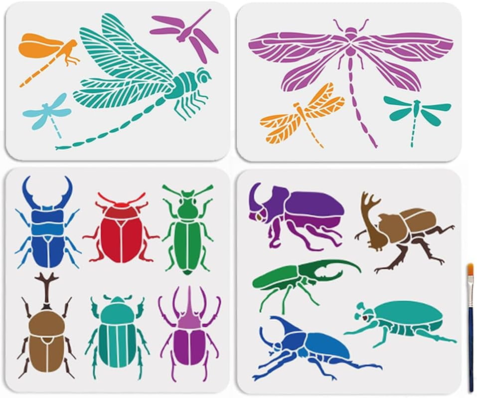 4Pcs Insect Dragonfly Stencils 11.8×11.8/11.7×8.3inch Dragonfly Scarab ...