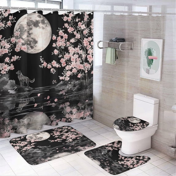 4Pcs Japanese Flower Wolf Shower Curtain Sets Bathroom Decor, Night ...