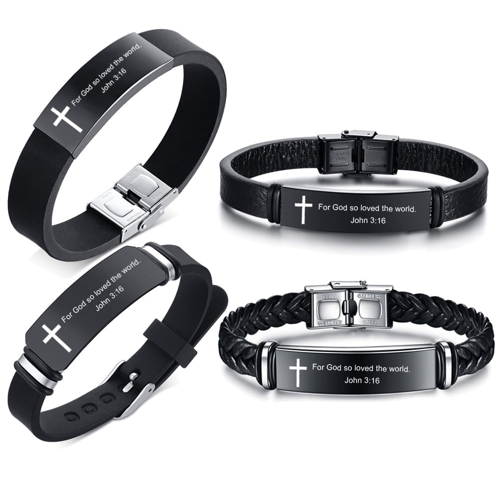 4Pcs John 3 16 Men's Inspirational Bible Verse Bracelets Leather ...