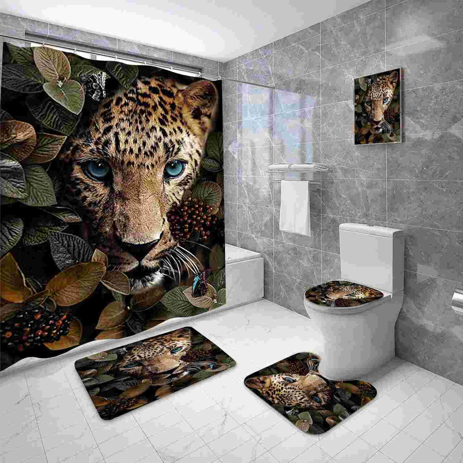 4Pcs Jungle Tiger Shower Curtain and Rug Sets Bathroom Decor ...