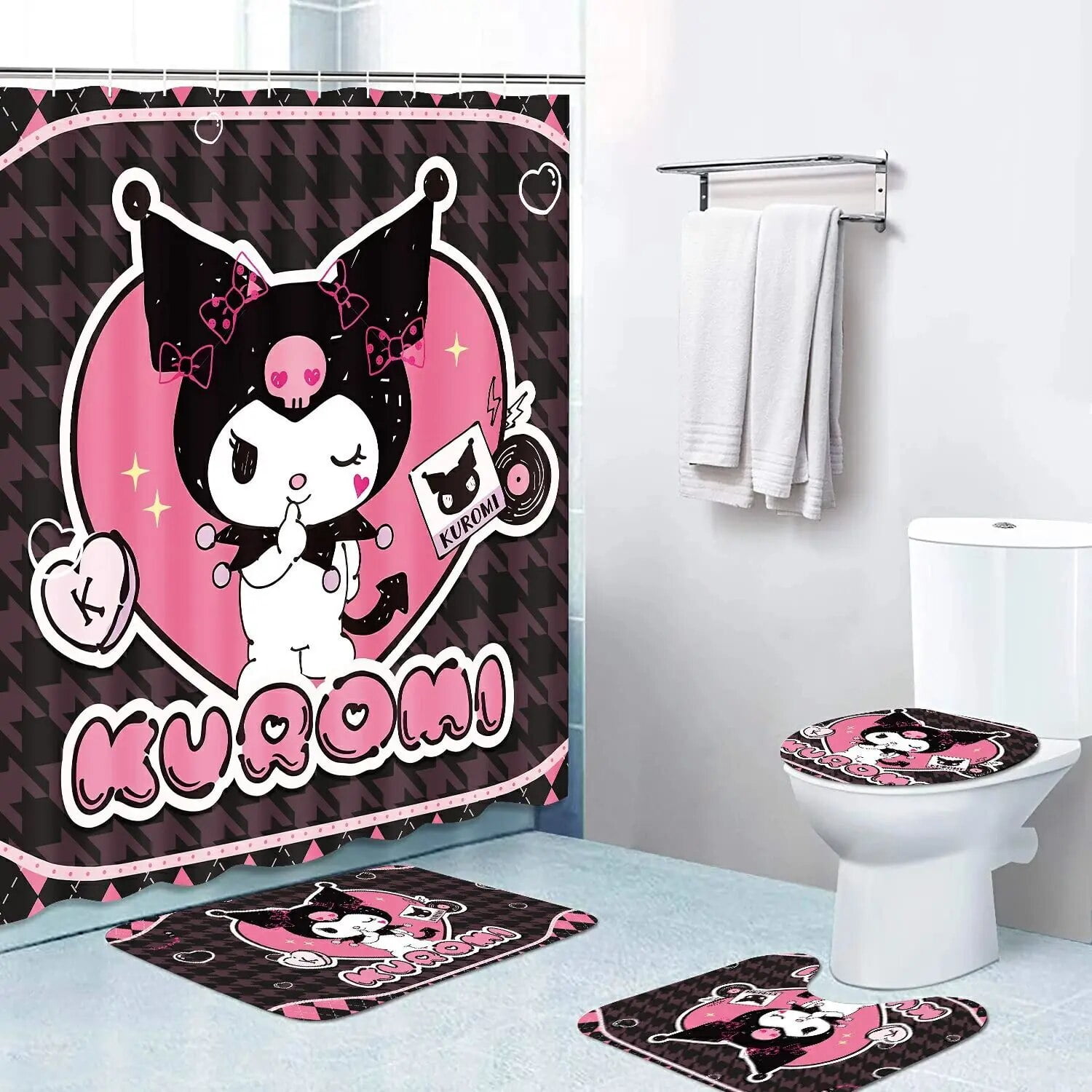4Pcs Kawaii Sanrio Kuromi Waterproof Shower Curtain with Hook Anime ...