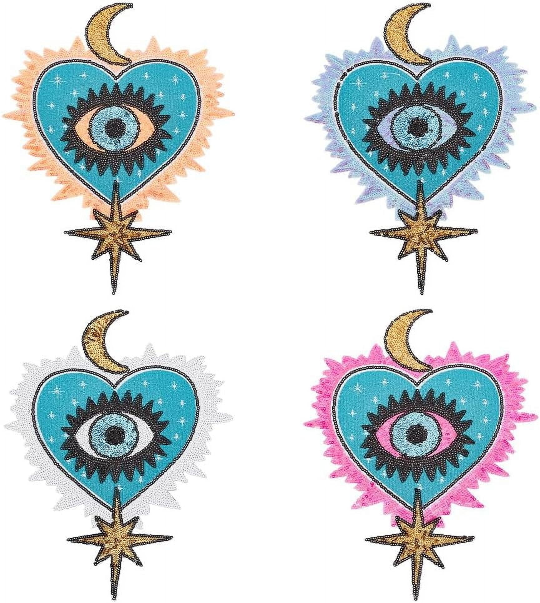 4Pcs Large Heart Eye Beaded Patches for Clothes 4 Colors Heart Evil Eye ...
