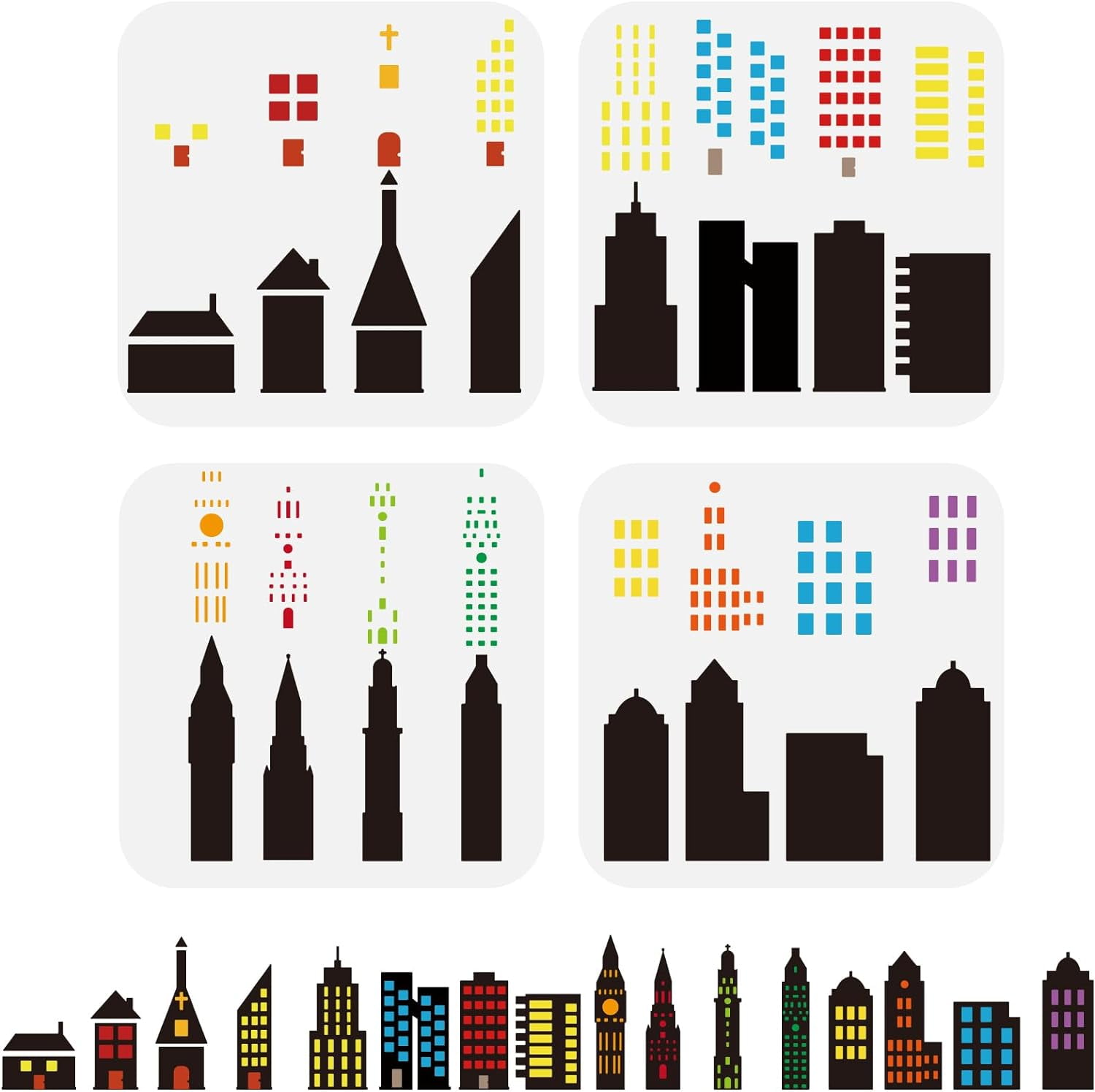 4Pcs Layered City Skyline Painting Stencil Set 5.9Inch PET City ...