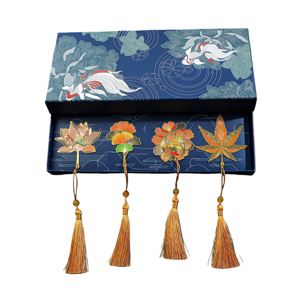 4Pcs Leaves Theme Book Marker with Tassels Hollow Metal Bookmarks Novel ...