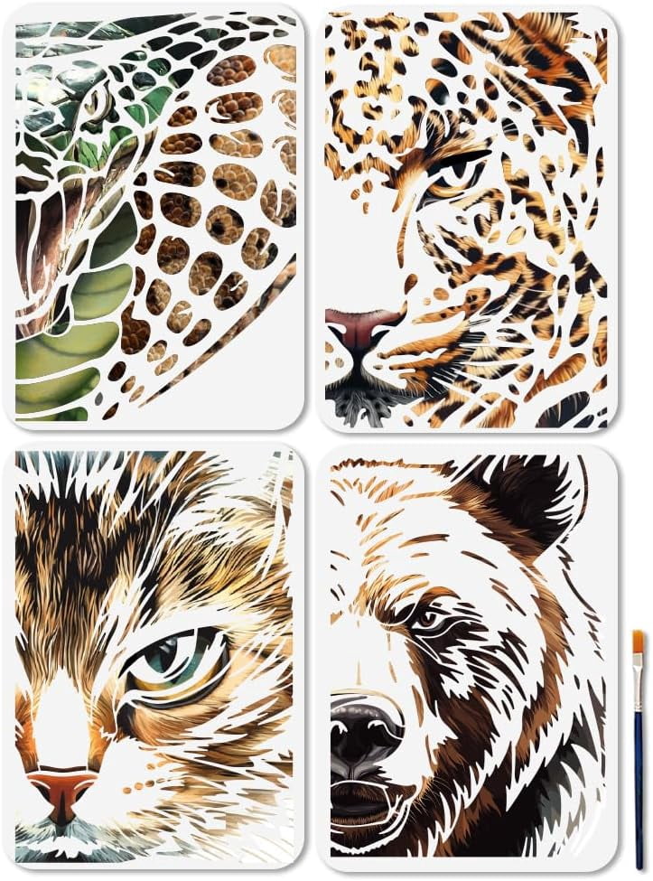 4Pcs Leopard Bear Stencil Wildcat Cobra Art Craft Stencils 11.7×8.3inch ...
