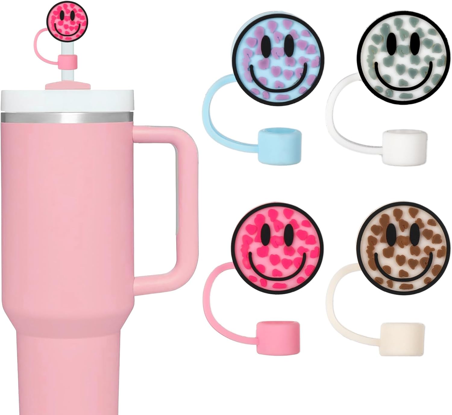 4Pcs Leopard Smile Face Straw Covers Silicone Reusable Round Straw ...