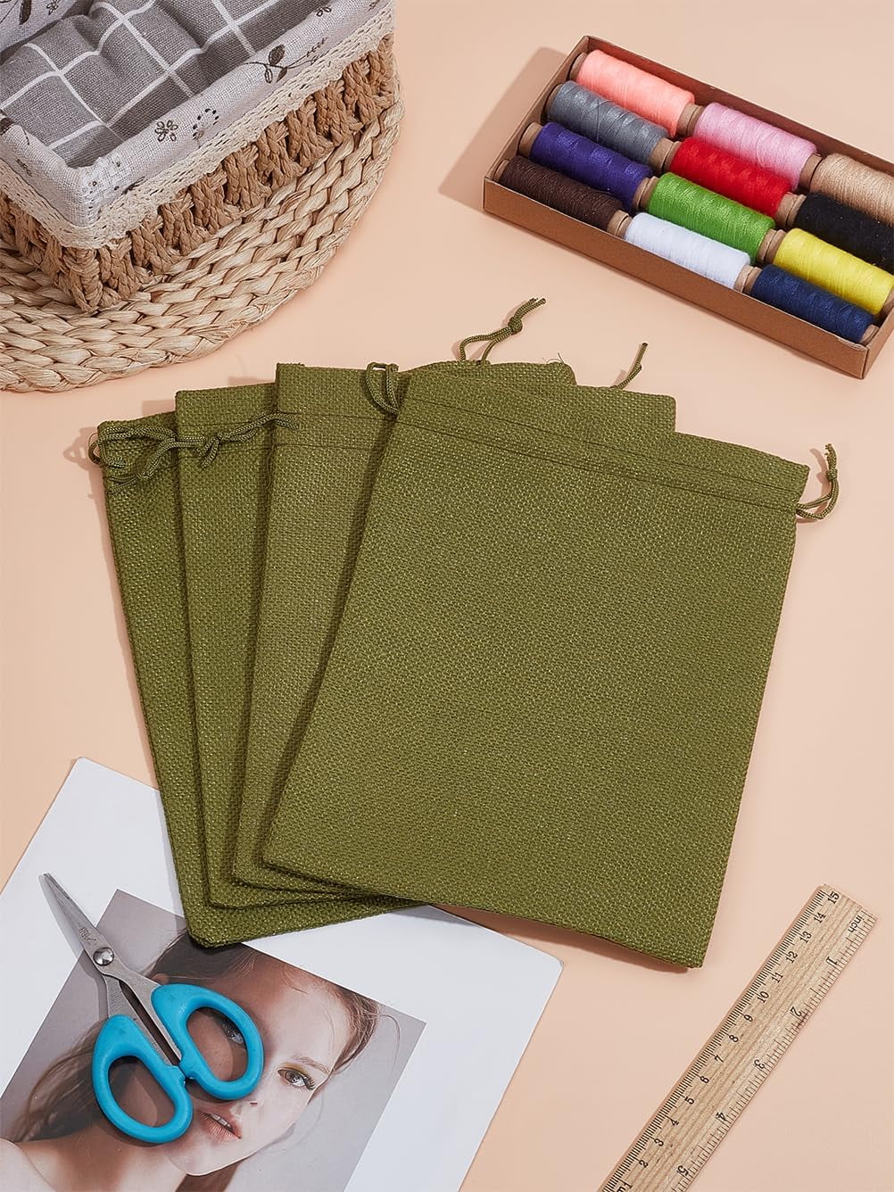 4Pcs Linen Cloth Drawstring Pouches Rectangle Burlap Gift Bags Olive ...