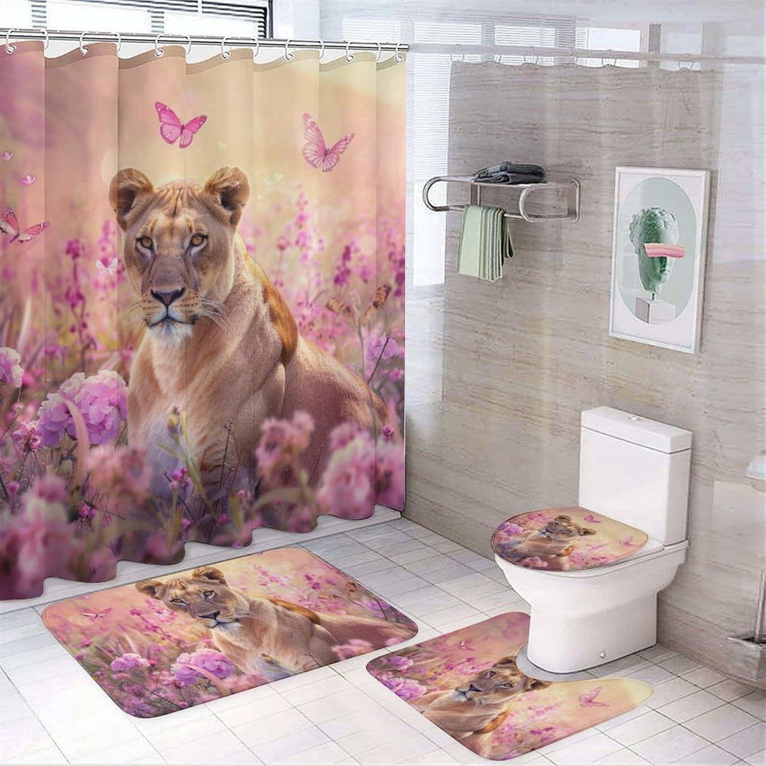 4Pcs Africa Animal Lion Shower Curtain Set, Non-Slip Rug Toilet Lid ...