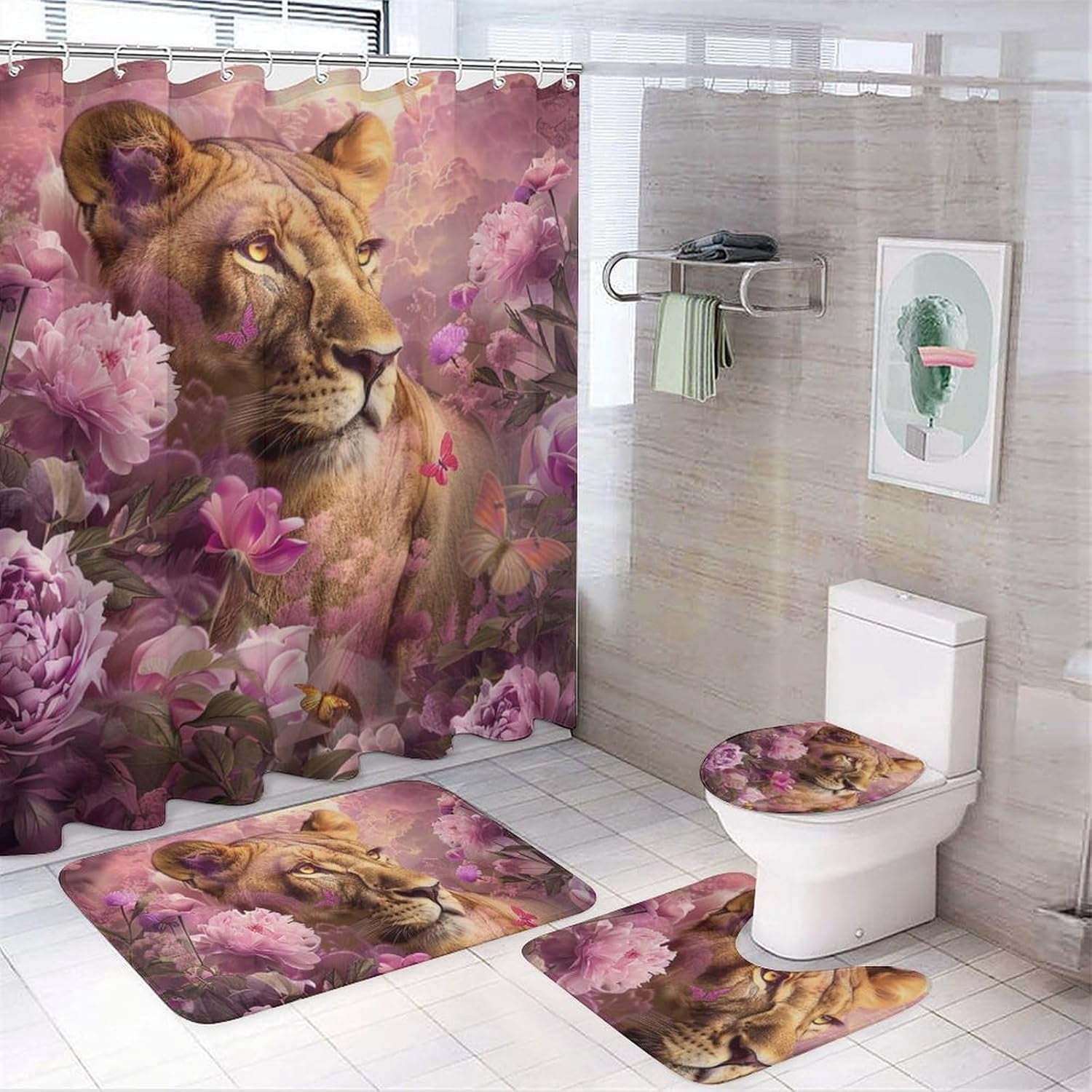 4Pcs Africa Animal Lion Shower Curtain Set, Non-Slip Rug Toilet Lid ...