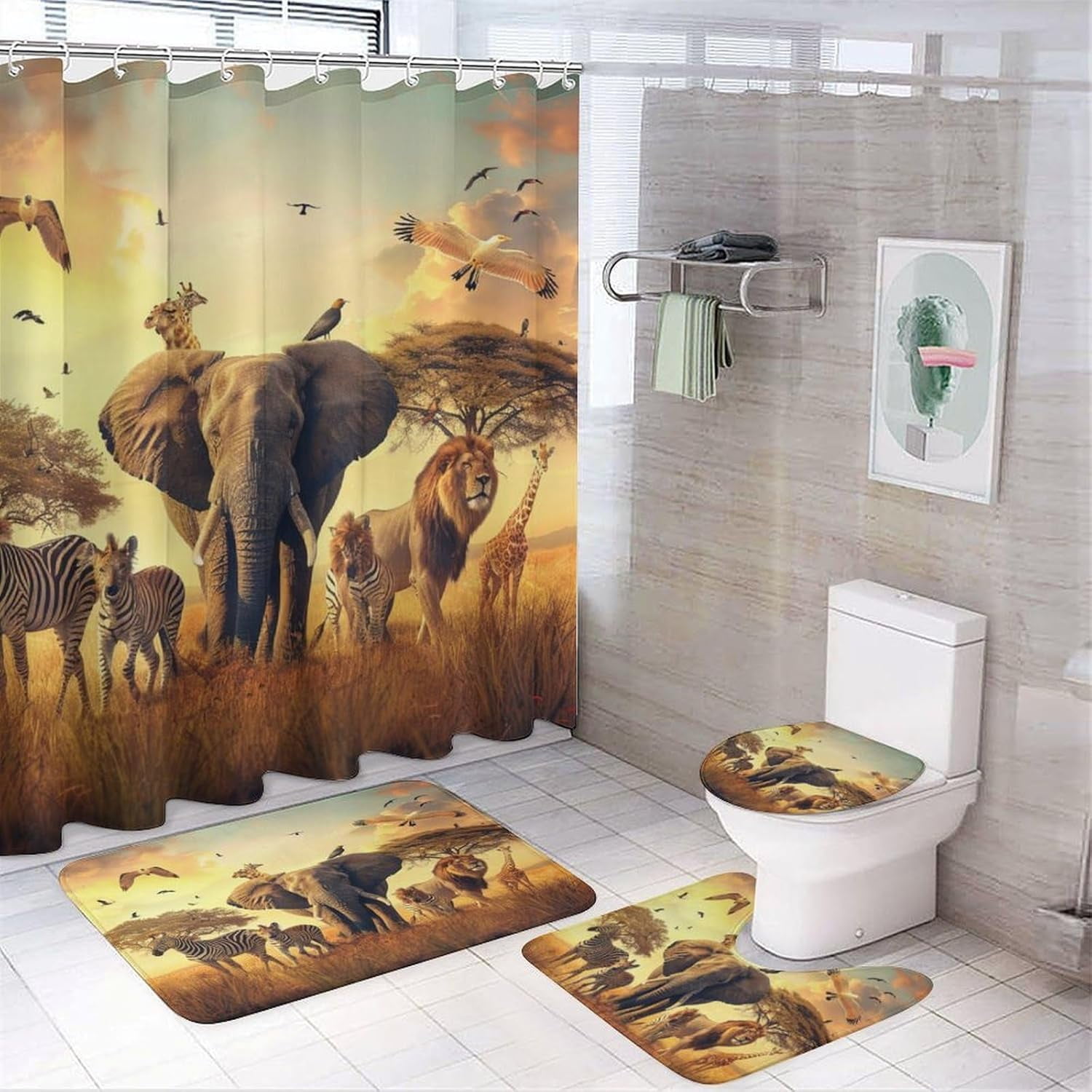 4Pcs Majestic Animal Zebra Shower Curtain, Africa Beast Lion Elephant ...