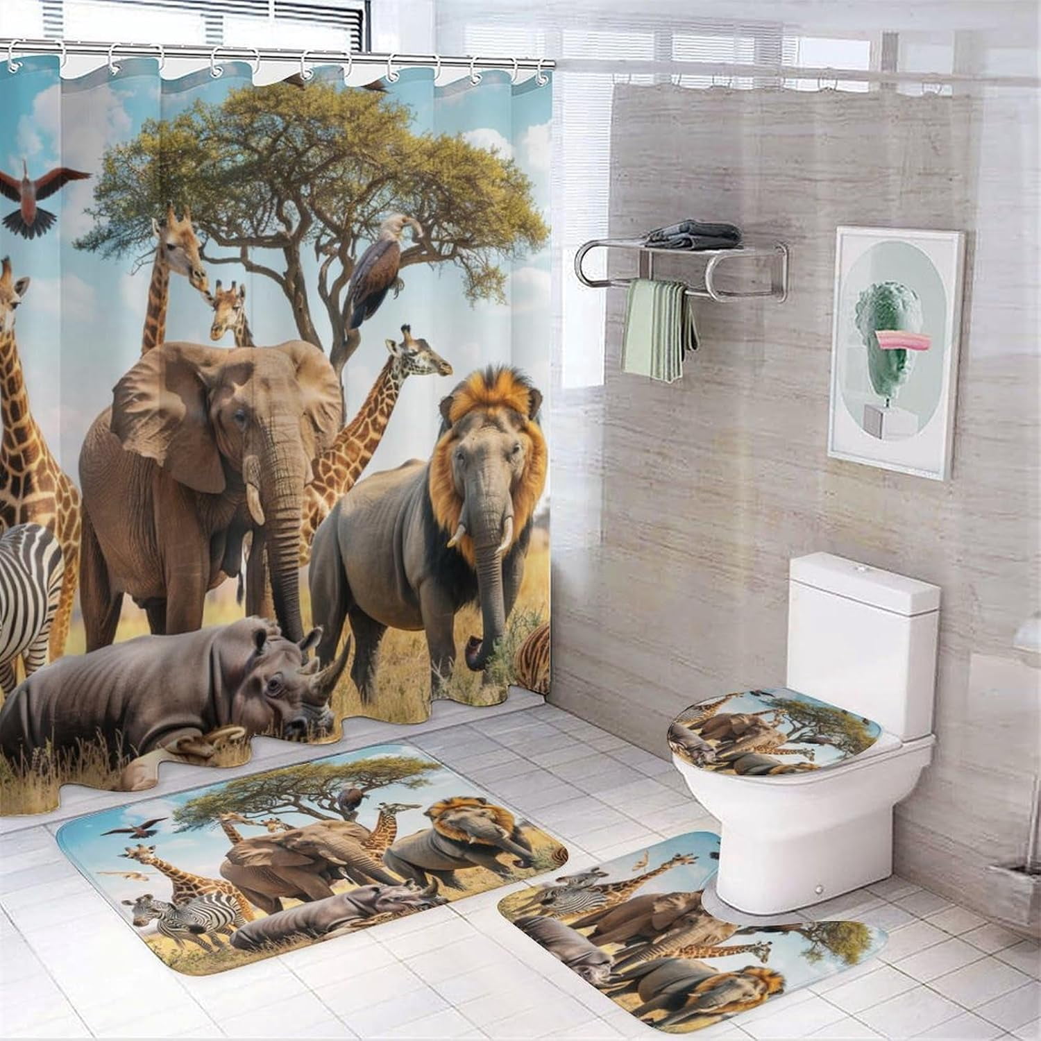 4Pcs Majestic Animal Zebra Shower Curtain, Africa Beast Lion Elephant ...