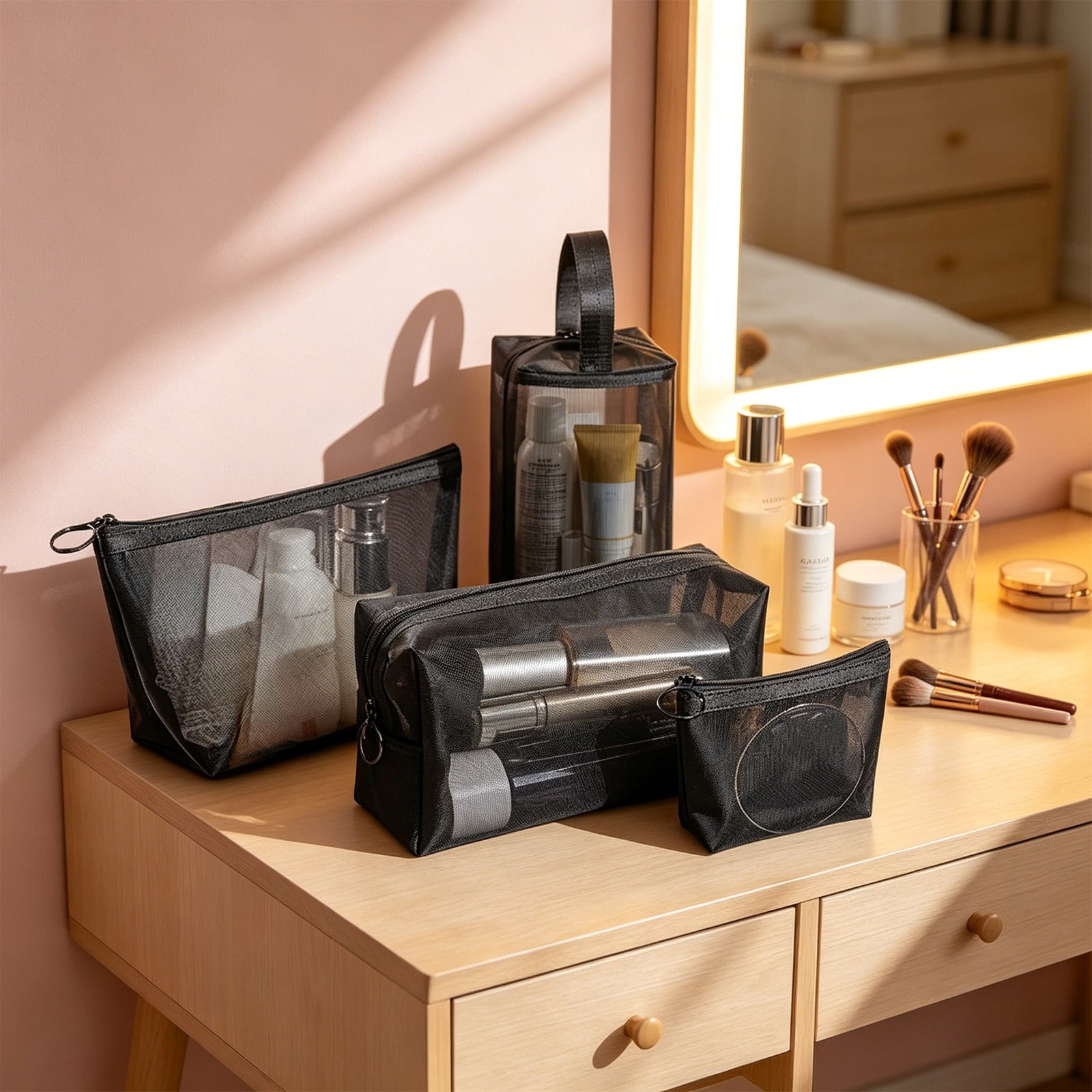 4Pcs Makeup Organizer Bag Set, Nylon Mesh Cosmetic Pouches, Multi ...