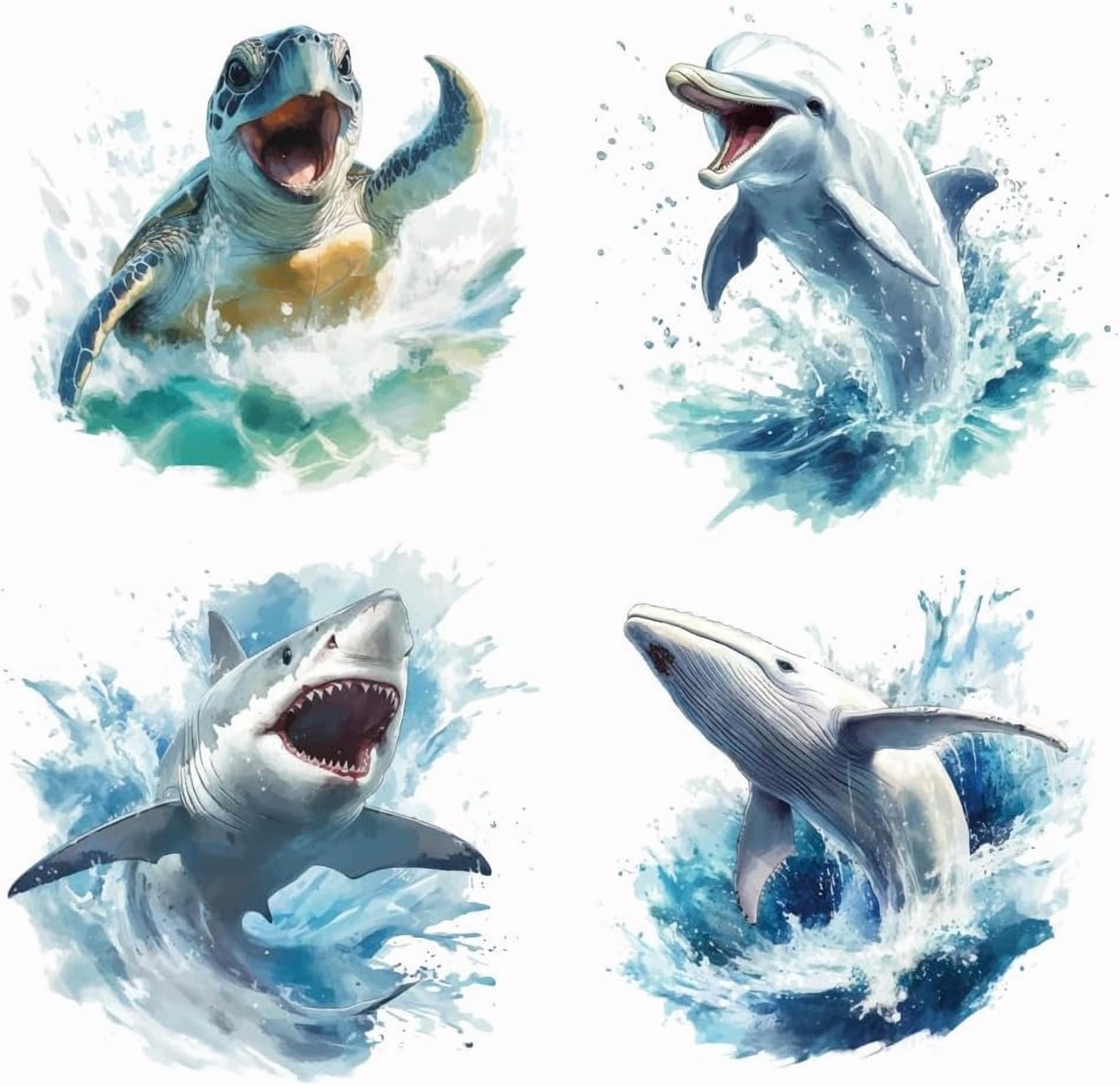 4Pcs Marine Animals Iron On Transfers Sea Turle Dolphin Whale Heat ...