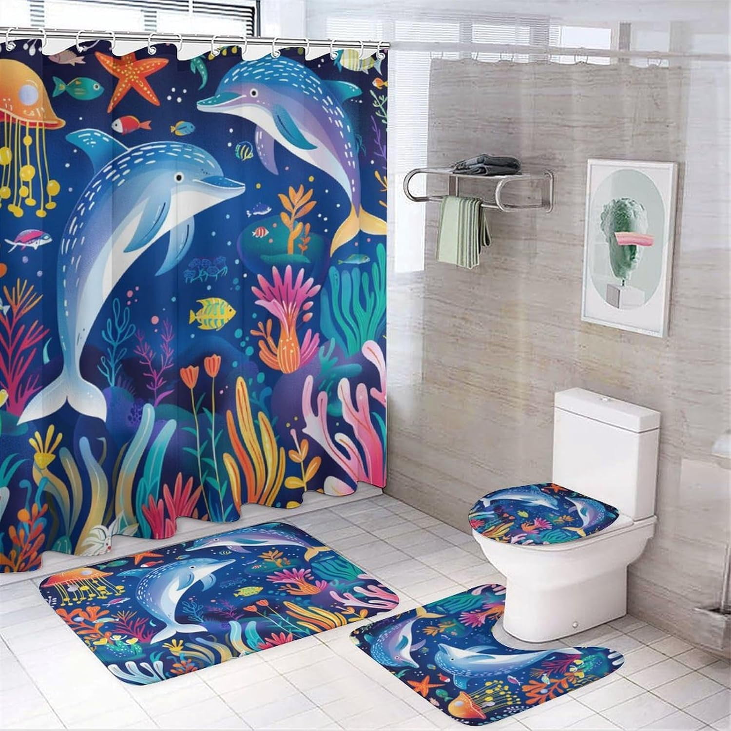 4Pcs Marine Life Dolphin Shower Curtain Set with Toilet Lid Cover U ...