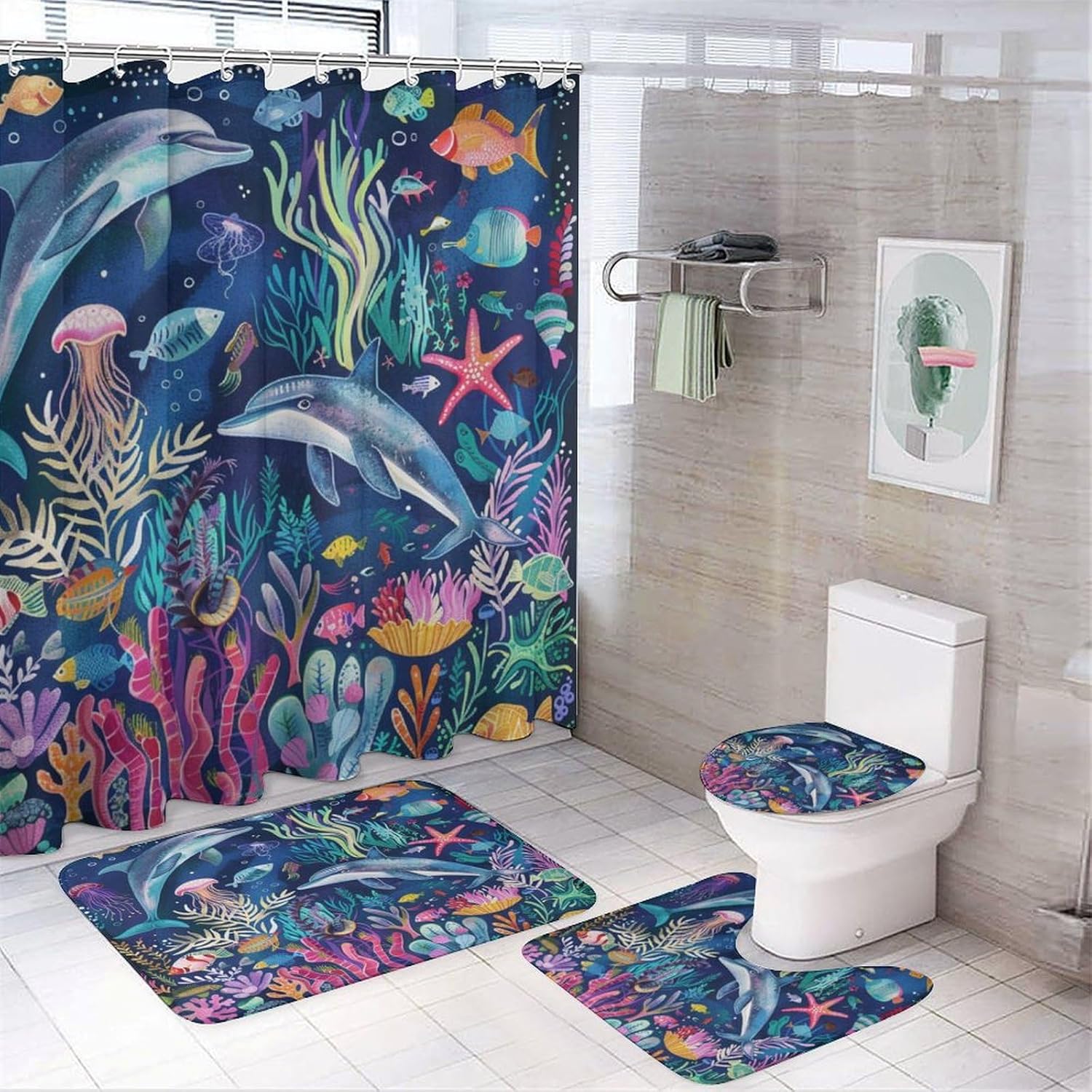 4Pcs Marine Life Dolphin Shower Curtain Set with Toilet Lid Cover U ...
