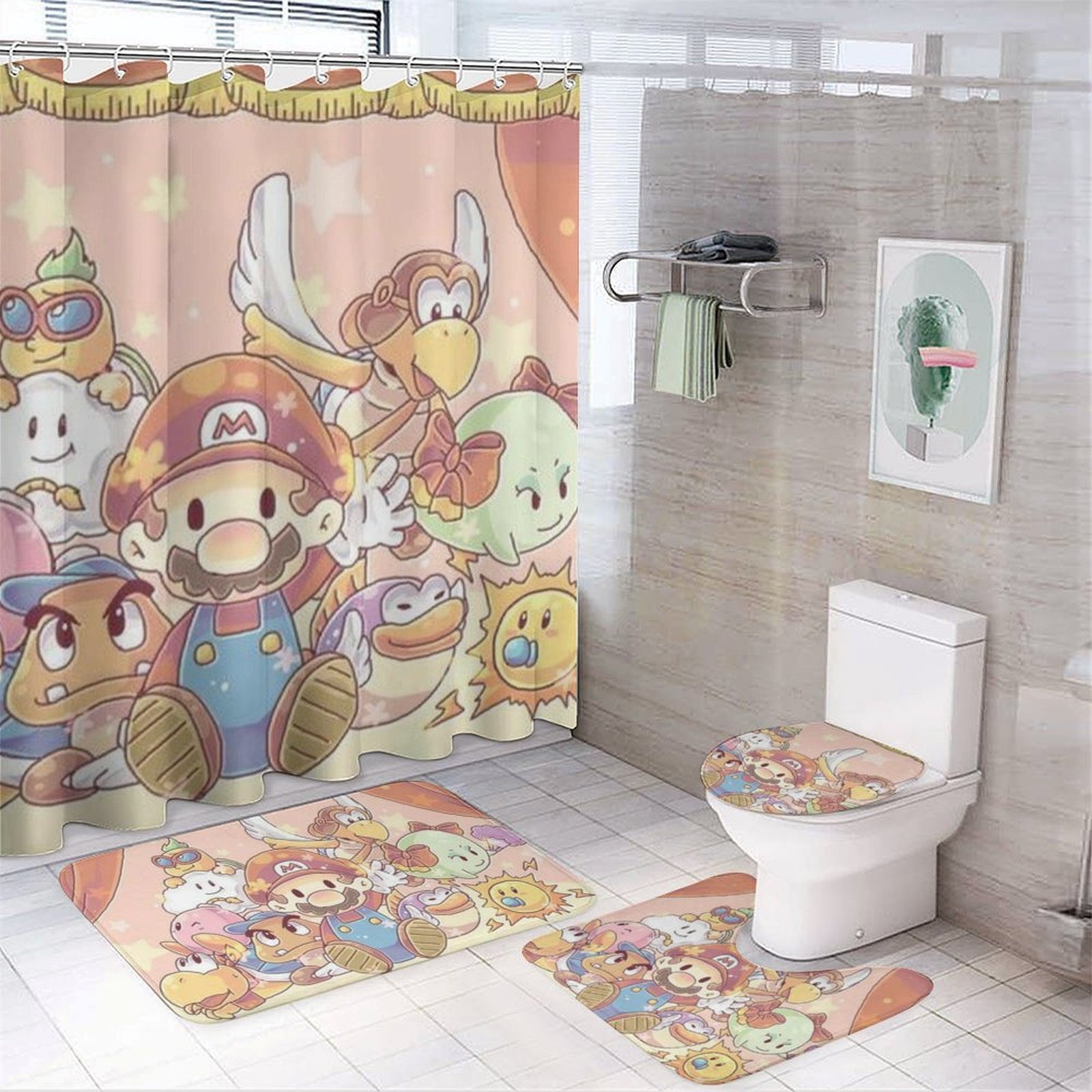 4Pcs Mario Cartoon Shower Curtain Set with 12 C-Shaped Hooks ...