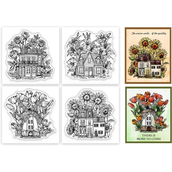 4Pcs Mini Flowers House Clear Stamps for DIY Scrapbooking Mini Plants ...